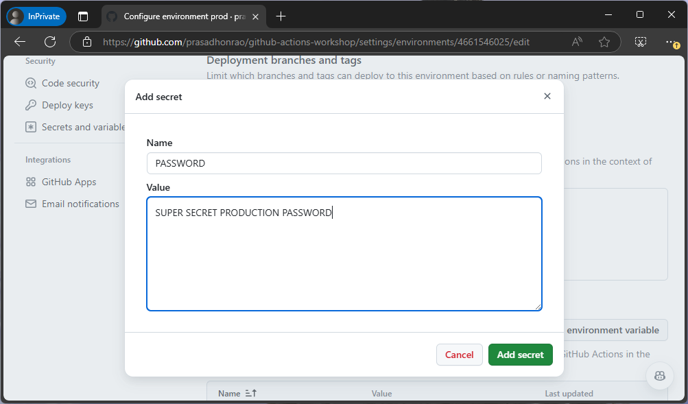 Lab: Environments, Variables, and Secrets | GitHub Actions Workshop