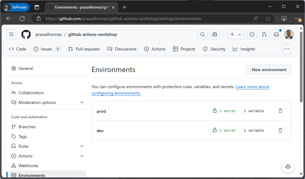Lab: Environments, Variables, and Secrets | GitHub Actions Workshop