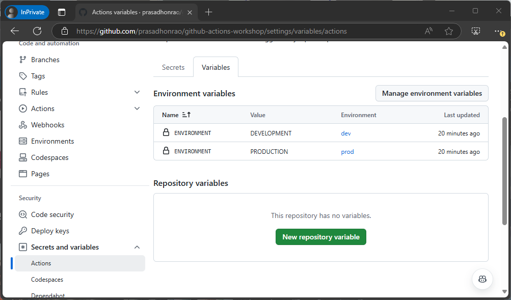 Lab: Environments, Variables, and Secrets | GitHub Actions Workshop
