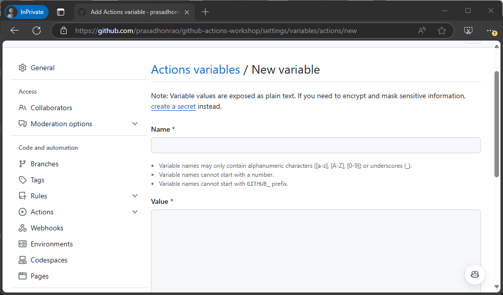 Lab: Environments, Variables, and Secrets | GitHub Actions Workshop